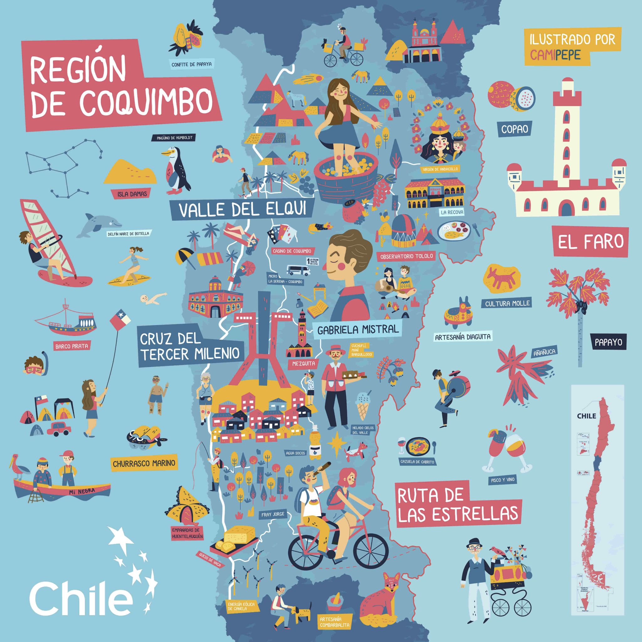 Mapas ilustrados de Chile reconocen lo más característico de cada región